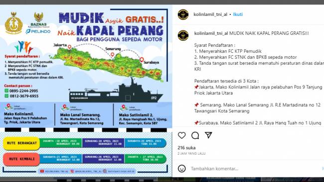 Kolinlamil TNI AL Gelar Mudik Gratis Naik Kapal Perang, Ini Lokasi ...