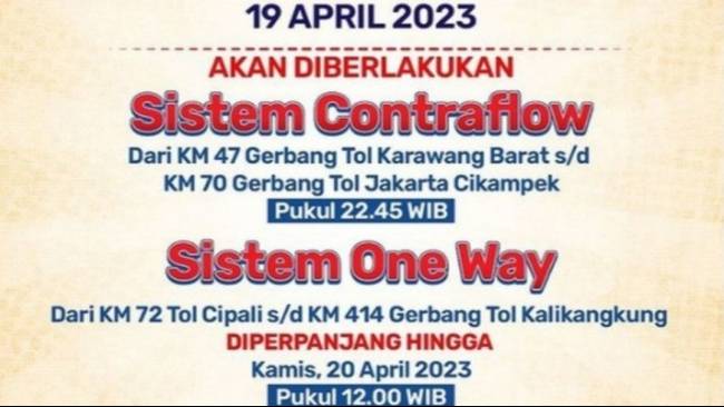 One Way di KM 72 Tol Cipali-KM 414 GT Kalikangkung Diperpanjang Sampai Jam 12.00 WIB