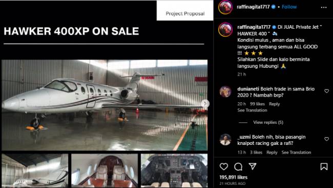 Raffi Ahmad Iklan Jual Pesawat Jet Hawker 400XP Seharga Rp39,4 Miliar ...