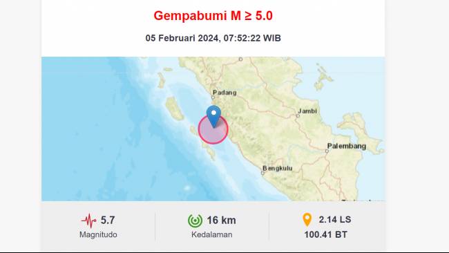Gempa M 5,7 Guncang Sumbar Pagi Ini, BMKG: Terasa Sampai Mentawai hingga Padang