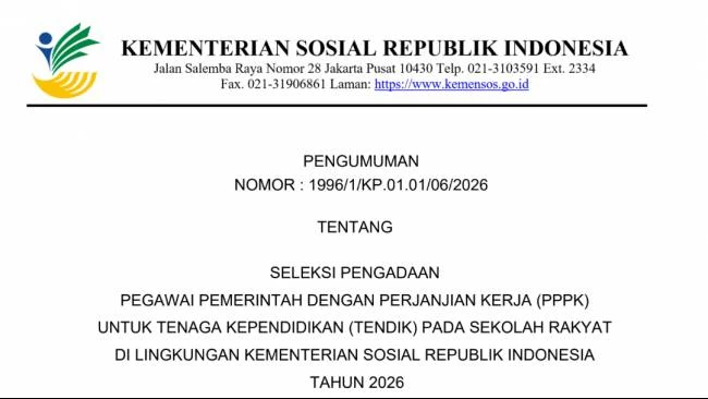 Rekrutmen PPPK Tenaga Kependidikan Sekolah Rakyat 2026 Dibuka, Kemensos ...